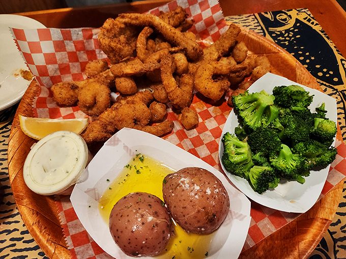 A seafood feast fit for royalty &ndash; perfectly fried shrimp with just the right amount of crunch, served with red potatoes and vibrant broccoli.