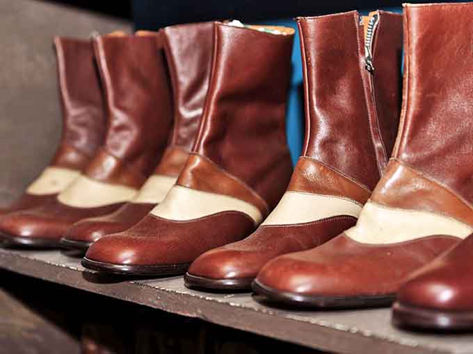 These two-tone leather boots from the 1940s look ready for a swing dance competition &ndash; pristine condition after decades of waiting.
