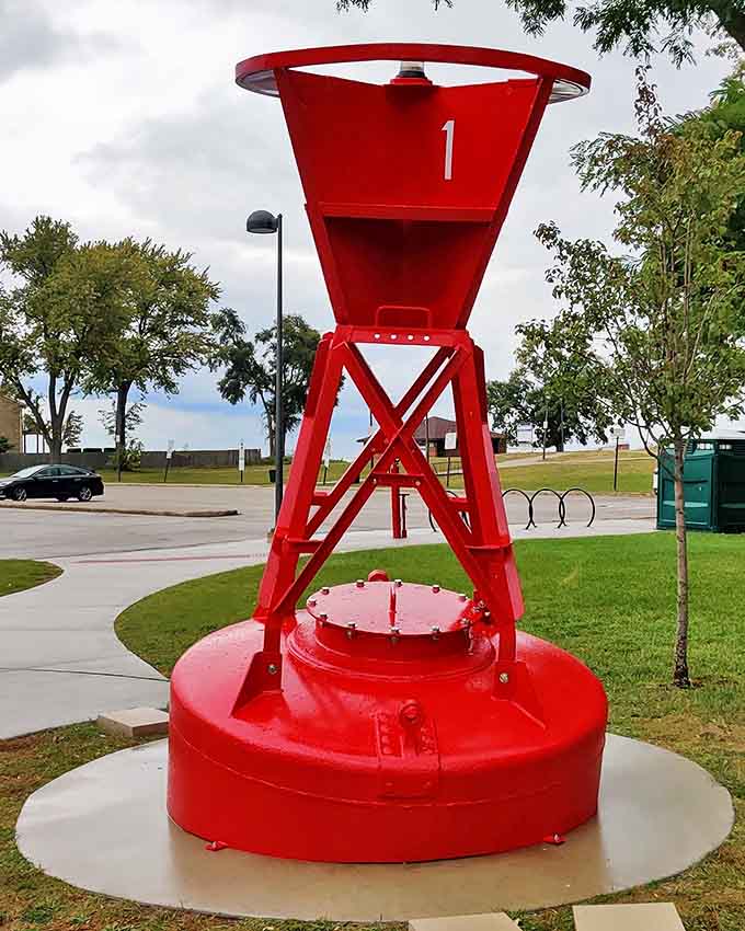 Bright red navigational buoys like this one work in tandem with lighthouses, marking channels and hazards for the massive freighters that ply the Great Lakes.