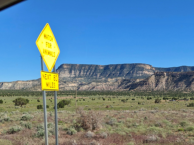 Where the wild West still whispers&mdash;endless sky, ancient mesas, and a bullet-riddled yellow sign marking adventure's doorway.