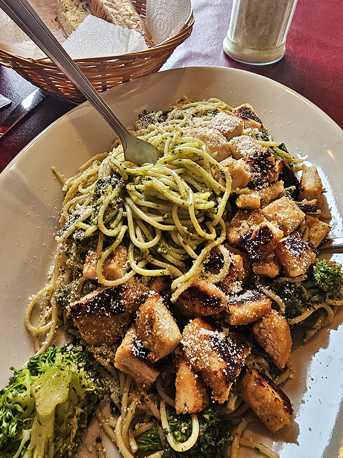 Pesto pasta that proves green food can be comfort food &ndash; especially when it's swimming with perfectly cooked chicken and showered with parmesan.