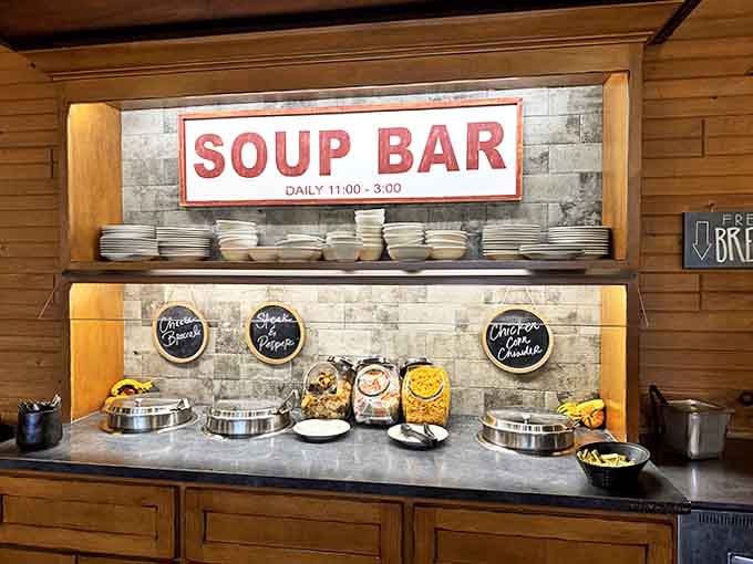The soup bar beckons with daily offerings from 11-3, where the famous corn chowder takes center stage.