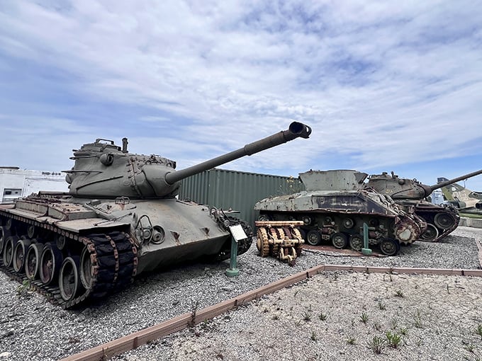 Tanks for the memories! These armored behemoths stand in silent formation, their cannons pointed skyward in a permanent salute.