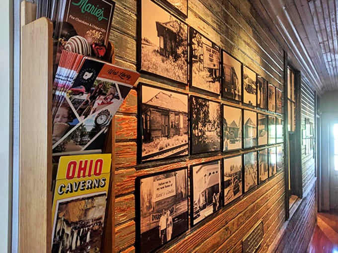 Historical photos line the walls, showing Marie's evolution while vintage Ohio Caverns memorabilia reminds visitors they're experiencing a genuine piece of local heritage.