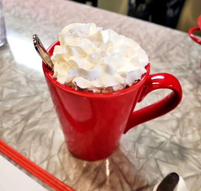 Hot chocolate topped with whipped cream in a cheerful red mug tastes like a warm hug on a cold Ohio morning.