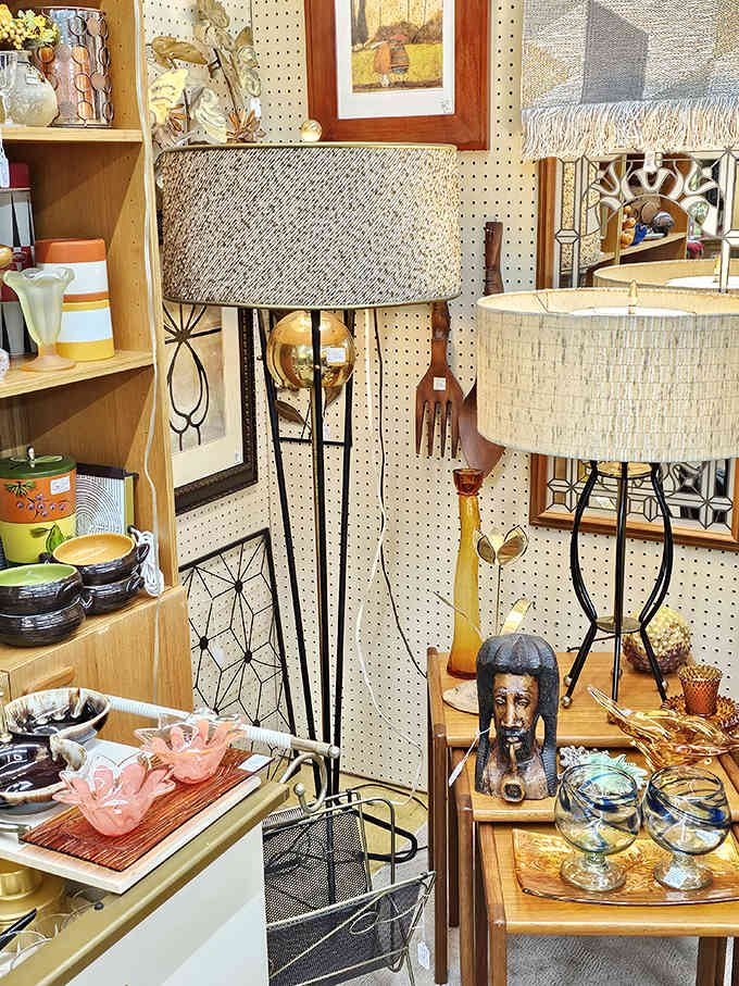 Vintage lamps cast a warm glow over eclectic home goods, creating the perfect ambiance for discovering your next conversation piece.
