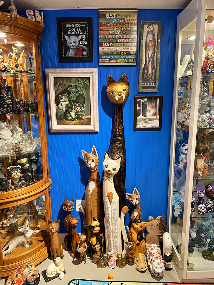 Blue walls provide the perfect backdrop for this feline figurine collection, where wooden cats stand tall among their porcelain cousins.