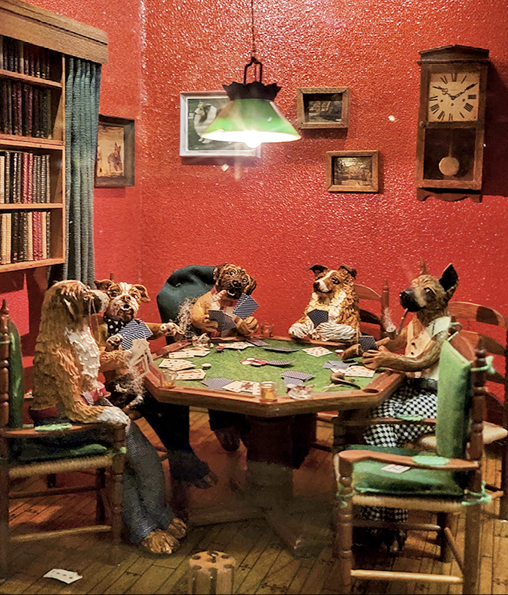 These poker-playing pups might be small enough to fit in a matchbox, but their card-playing shenanigans capture the humor of the famous painting in delightful miniature form.