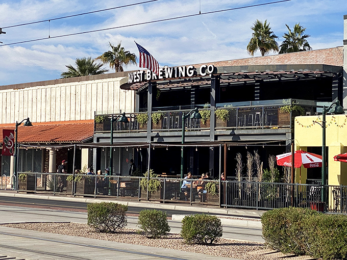 12 West Brewing's inviting facade stands proudly in downtown Mesa, where palm trees and sunshine create the perfect backdrop for craft beer adventures.