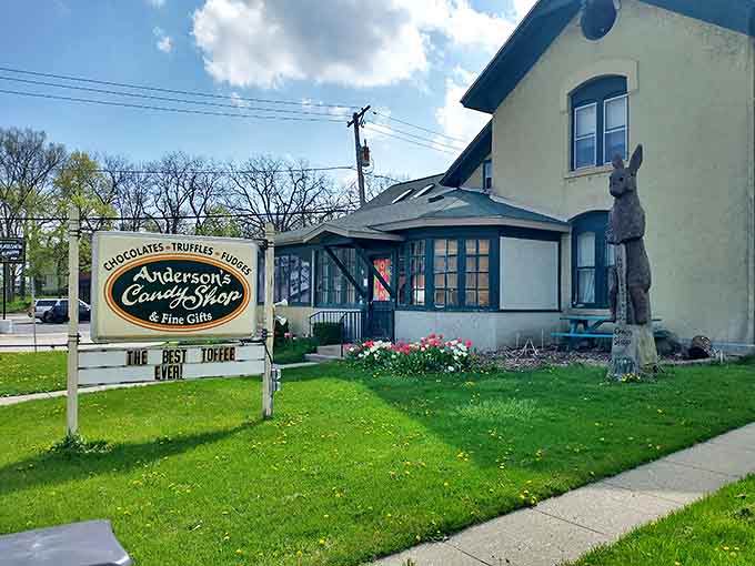 Exterior: A storybook come to life! Anderson's charming exterior, complete with rabbit sculpture, promises sweet adventures within.