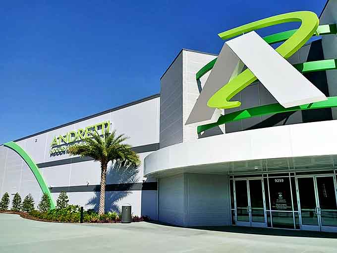 The sleek, modern exterior of Andretti Indoor Karting & Games stands out with its signature green accents &ndash; Florida fun that doesn't require a hurricane evacuation plan!