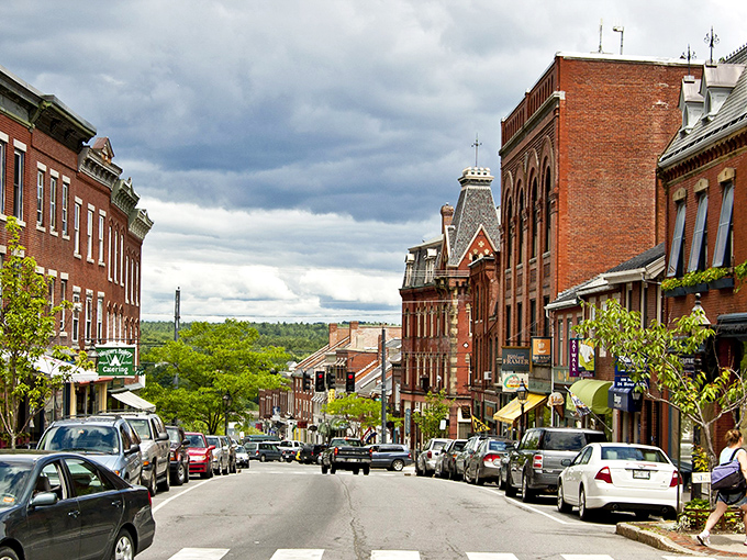 Belfast's Main Street captures quintessential New England charm with its historic brick buildings and sloping path to the waterfront.