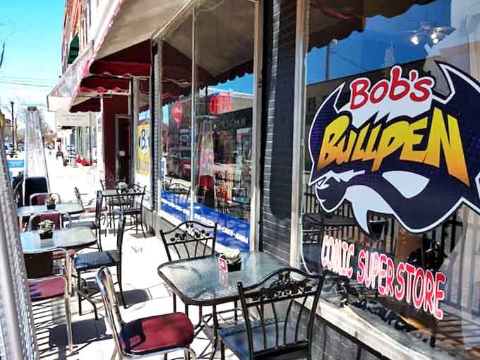 Bob's Bullpen welcomes hungry heroes with its vibrant storefront and outdoor seating, perfect for people-watching between comic book chapters.