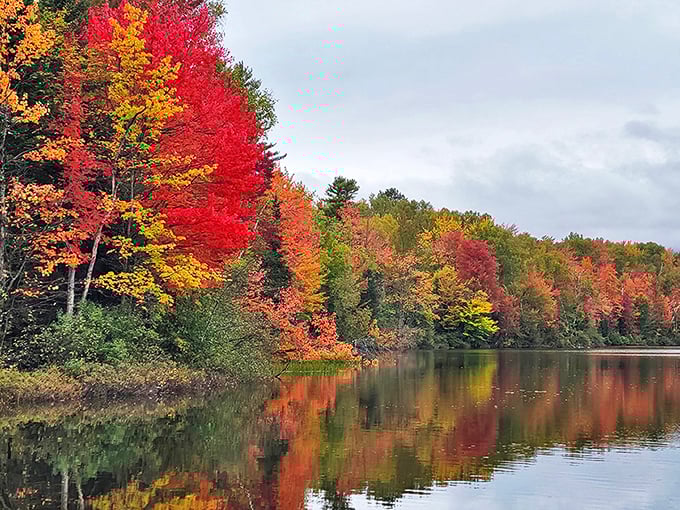 Nature's autumn masterpiece at Brighton State Park &ndash; where Vermont's maples set the shoreline ablaze with color that dances across Island Pond's mirror-like surface.