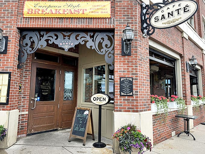 The welcoming facade of Caf&eacute; Sant&eacute; beckons with European charm, ornate ironwork, and the promise of culinary delights within.