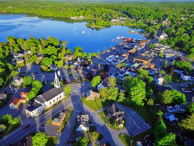 Aerial view of Damariscotta where the river meets the town &ndash; Maine's perfect marriage of water and civilization, without the tourist crowds.