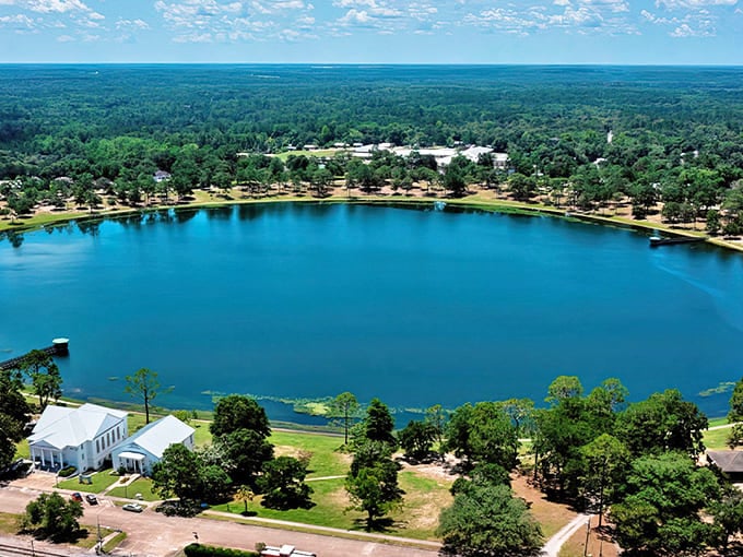 DeFuniak Springs: An aerial view reveals nature's perfect circle &ndash; Lake DeFuniak shimmers like a sapphire amid lush greenery.