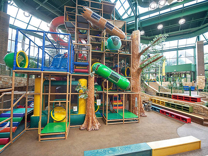 Adventure Peak towers like a playground skyscraper, where kids can climb through colorful tubes and slide their way to exhaustion.