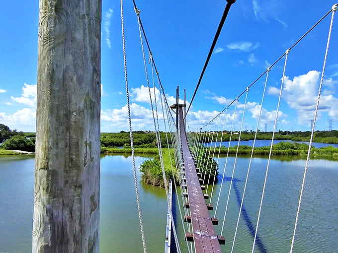 A wooden suspension bridge stretches across sparkling waters, inviting brave souls to take that first wobbly step into adventure.