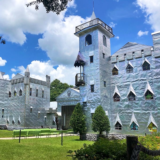 Like a medieval castle wrapped in aluminum foil, Solomon's Castle gleams in the Florida sun, proving that one person's recycling is another's royal residence.