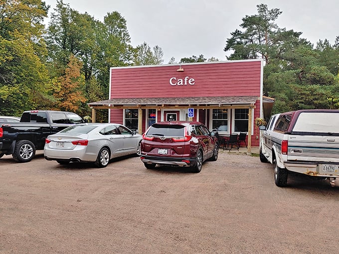 A charming red exterior that promises nothing but delivers everything &ndash; Dee Dee's Diner stands proudly in Sugar Camp, Wisconsin.