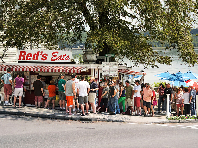 The iconic Red's Eats storefront with its famous line &ndash; summer pilgrimage central for seafood lovers seeking Maine's ultimate lobster experience.