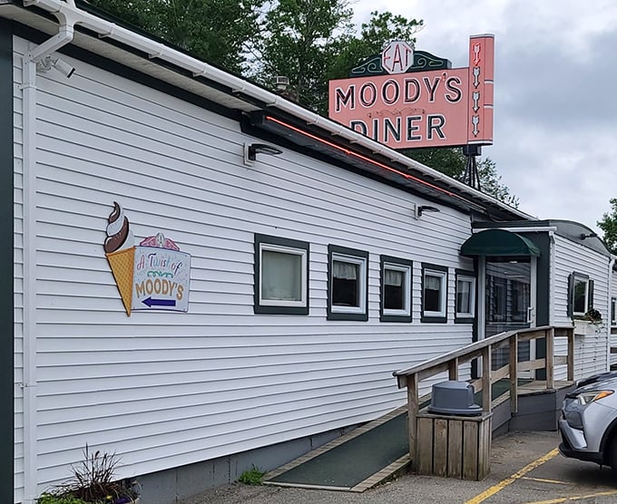 Classic Americana at its finest: Moody's Diner's iconic sign promises good eats and sweet treats in Waldoboro, Maine.