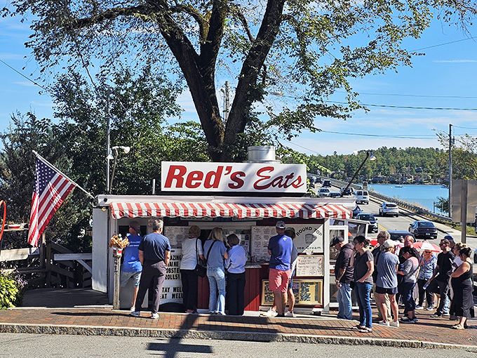 The iconic Red's Eats stands proudly by the Sheepscot River, its red and white awning like a beacon to lobster lovers everywhere.