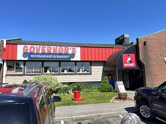 The iconic red awning of Governor's Restaurant & Bakery stands out like a beacon of comfort food goodness against the Maine sky.