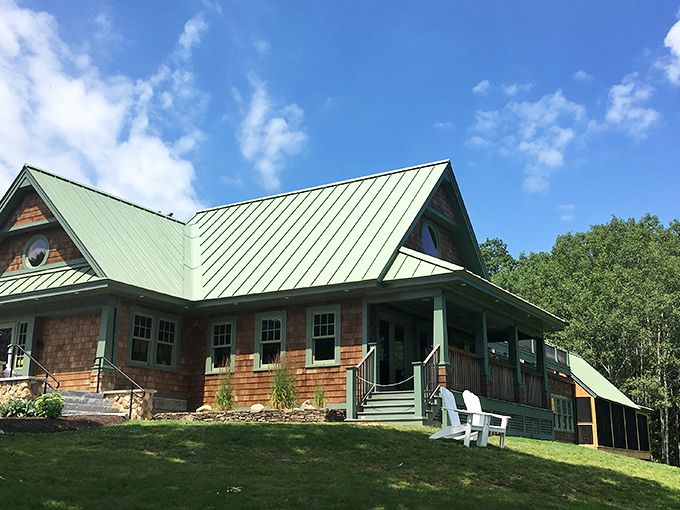The cedar-shingled exterior of York River Landing stands proudly against Maine's blue sky, promising seafood treasures within its welcoming walls.