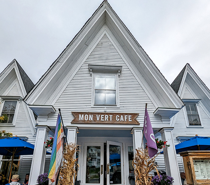 Vermont charm personified: Mon Vert Caf&eacute;'s distinctive white clapboard exterior promises authentic flavors within those peaked gables.