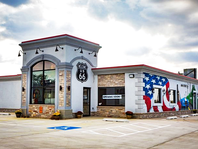 Route 66 nostalgia meets modern charm in this eye-catching facade. It's like a time machine disguised as a restaurant!