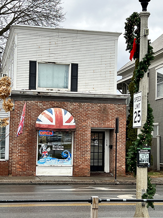 The unassuming brick facade of Lil' Britain beckons with its hand-painted Union Jack arch &ndash; a culinary TARDIS transporting Vermonters straight to British shores.