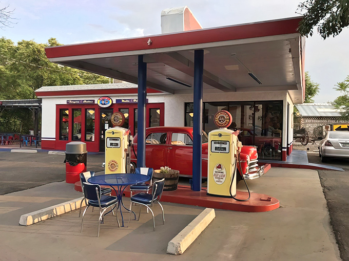 Where nostalgia meets appetite &ndash; Bing's classic gas station facade promises a fill-up of the most delicious kind.