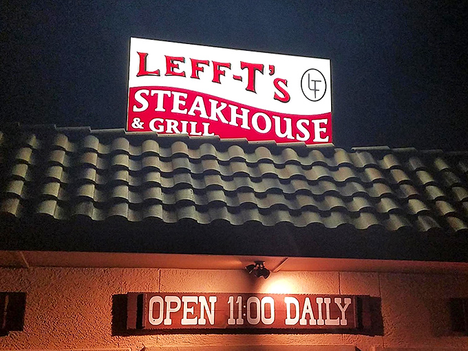 The iconic Leff-T's sign glows against the Arizona night sky, a beacon for hungry travelers seeking comfort food paradise in Dewey.