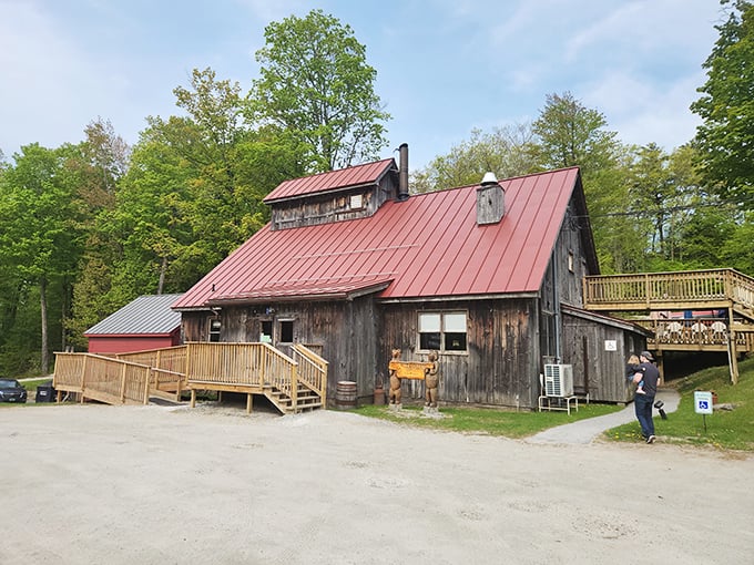 Rustic charm meets maple magic at Sugar & Spice's weathered wooden exterior, where that iconic red roof has sheltered breakfast dreams for generations.