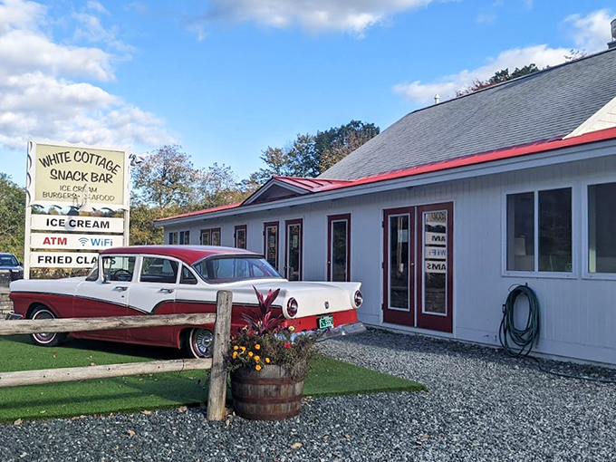 Step into a time warp! This charming snack bar, complete with vintage car, serves up nostalgia alongside mouthwatering treats.