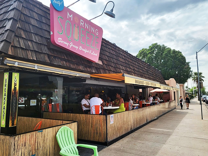 Welcome to breakfast paradise! Morning Squeeze's retro-chic facade is like a time machine with a side of pancakes.