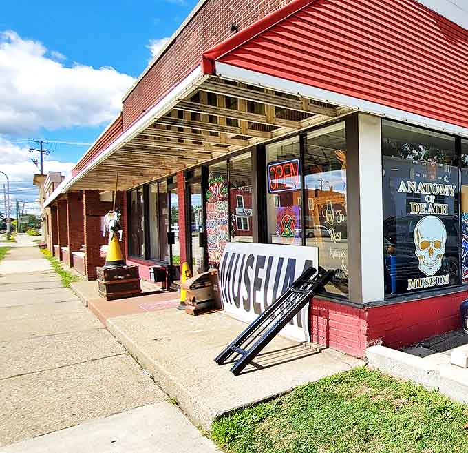 Exterior: The unassuming brick storefront with its bold red trim beckons the curious &ndash; a portal to the macabre hiding in plain sight on a quiet Michigan street.