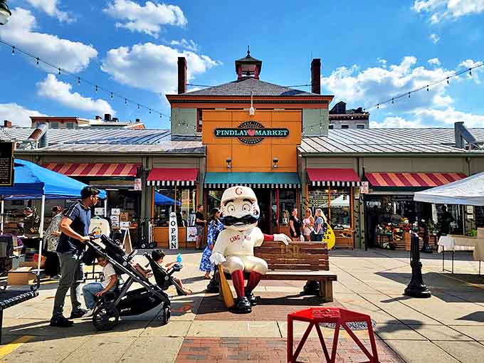 Findlay Market's historic facade glows in the sunshine, promising culinary adventures within its vibrant orange walls.
