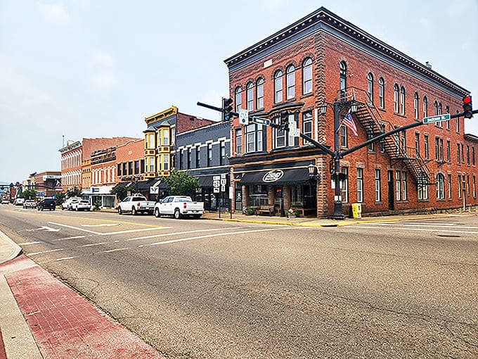 Historic brick buildings line Millersburg's charming main street, with Bags Sports Pub standing proudly as the town's beloved culinary cornerstone.