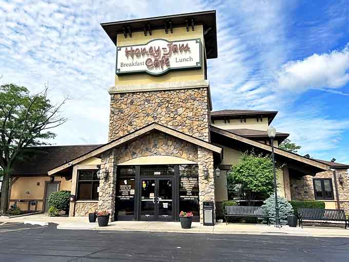 Exterior: Stone-faced and welcoming, Honey Jam Cafe stands like a breakfast fortress, promising morning delights behind its rustic facade.