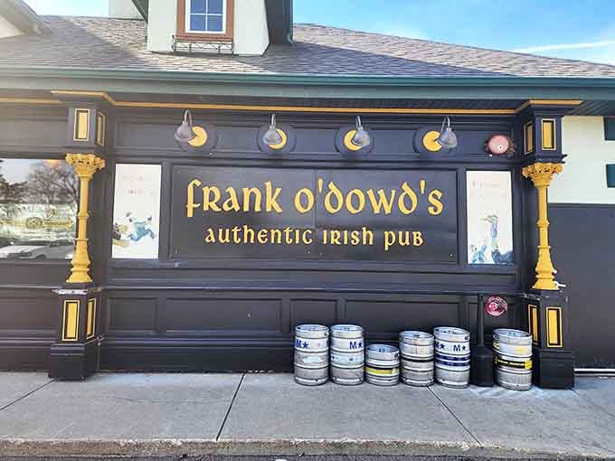 The welcoming facade of Frank O'Dowd's promises authentic Irish charm with its distinctive architecture and golden lettering, a beacon for weary travelers.