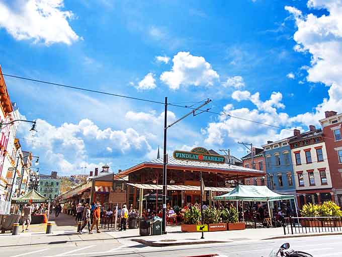 Findlay Market's iconic facade stands proudly under Cincinnati's blue sky, a culinary beacon that's been calling food lovers home since the 19th century.