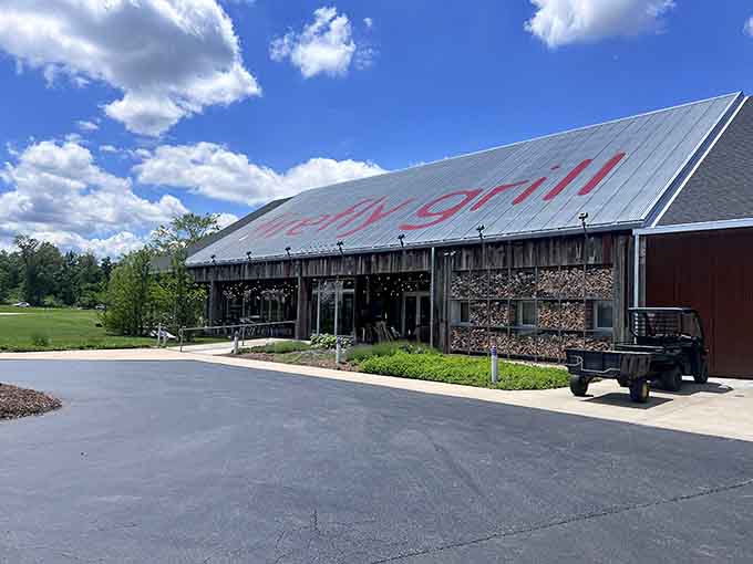 The modern exterior of Firefly Grill beckons like an architectural oasis along the Illinois highway, proving great design and great food can coexist.