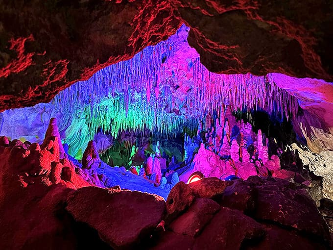 Nature's light show goes electric in Florida Caverns, where rainbow illumination transforms ancient limestone into a psychedelic underground dreamscape.