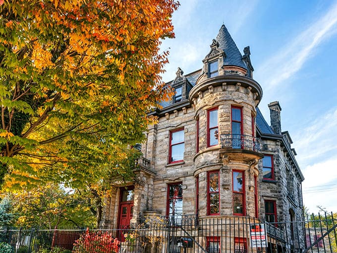 Franklin Castle's majestic exterior stands proudly against autumn foliage, its stone turrets reaching skyward like Victorian exclamation points.