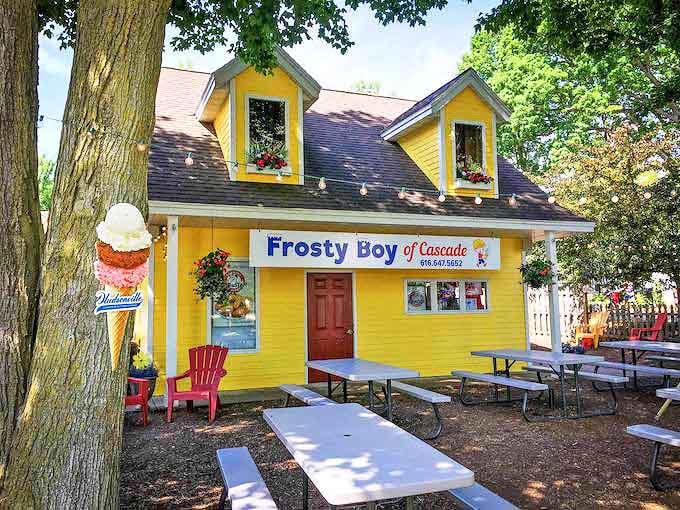 Frosty Boy of Cascade: A sunshine-yellow cottage with a red door that promises sweet memories and even sweeter treats in Grand Rapids.