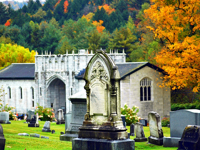 Green Mount Cemetery's Gothic entrance stands like a time portal, welcoming visitors into Vermont's most hauntingly beautiful final resting place.