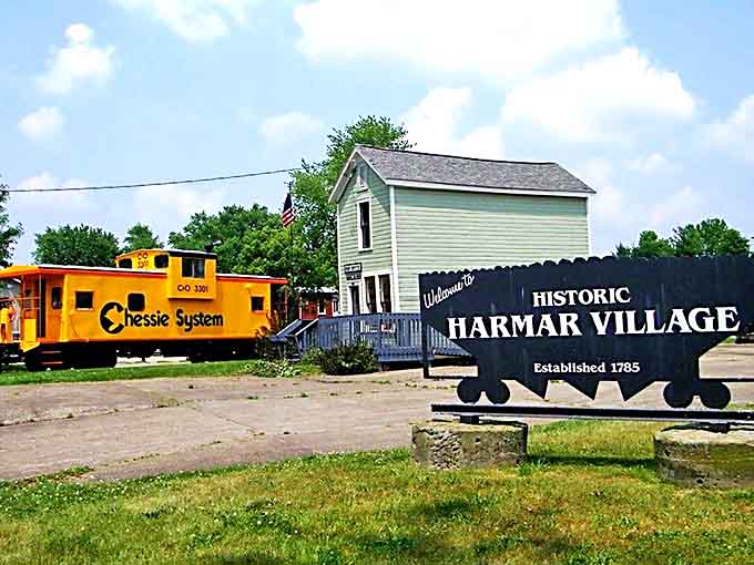 Welcome to time travel without the DeLorean: Historic Harmar Village greets visitors with vintage charm and a bright yellow Chessie System caboose.